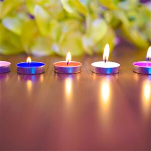 Tea Lights Candles, 50 Pack Flameless Colorful Tealights Holder Variety Relaxing Paraffin Pressed Wax 2 Hours Burn Time for Travel,Centerpiece,Party Gift Happy Birthday New Year Wedding (Purple)