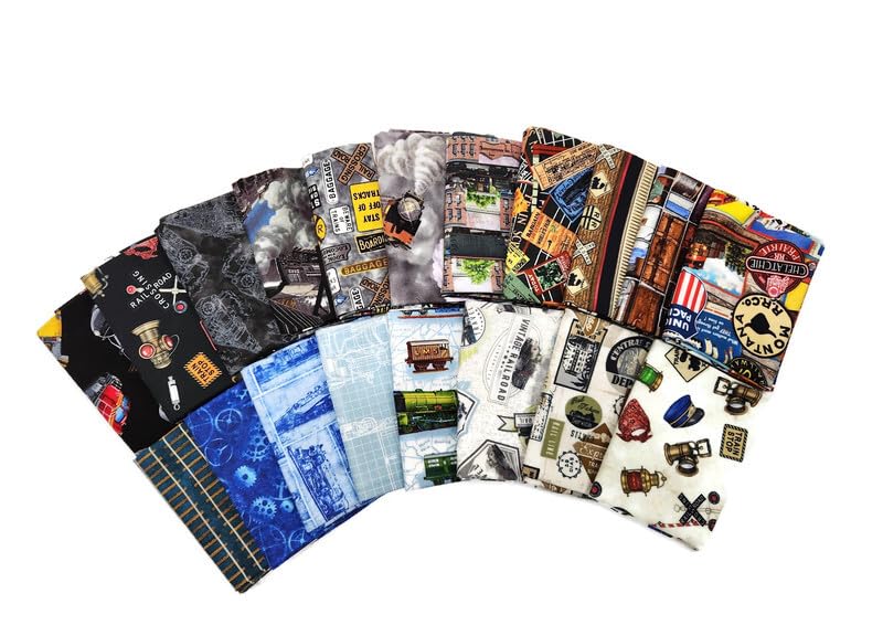 10 Fat Quarters Assorted Trains Locomotive Engine Railway Railroads Tracks Trains Signs Express Engineer Transportation Fat Quarter Bundle M491.04