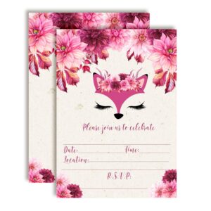 fancy fox face watercolor floral birthday party invitations, 20 5x7 fill in cards with twenty white envelopes by amandacreation