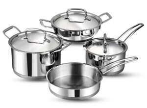 vinod classic deluxe stainless steel cookware combo set of 4 pcs/saucepan, saucepot, kadai and frypan/deep kadhai for cooking/heavy induction bottom