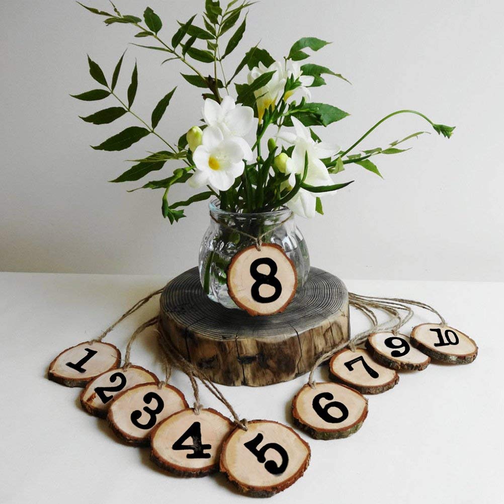 FRECI 10pcs 1-10 Wedding Table Numbers Wooden Table Numbers Hanging Wood Slice Wedding Table Centerpieces for Arts Crafts Wall Decor Wedding DIY Projects