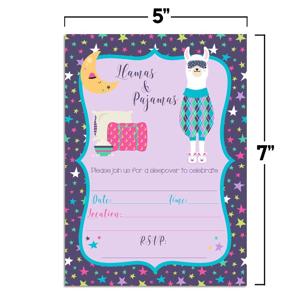 Llamas and Pajamas Slumber Party Sleepover Birthday Party Invitations, 20 5x7 Fill In Cards with Twenty White Envelopes by AmandaCreation