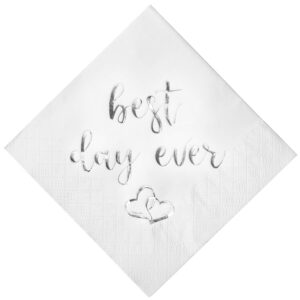 crisky best day ever napkins silver for wedding bridal shower and engagement party decorations,cocktail dessert beverage napkins 100 pack, 3-ply