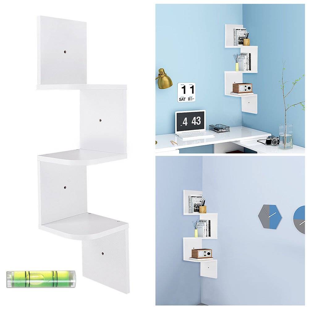 ZeHuoGe White 3 Tiers Wall Mount Corner Shelf Wood Storage Organizer W/Gradienter MDF + Melamine Board 7-7/8"L x 7-7/8"W x 32-1/4"H Height of Each Layer 7-7/8" Home Office US Delivery (White)