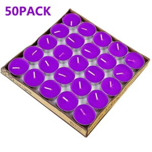 Tea Lights Candles, 50 Pack Flameless Colorful Tealights Holder Variety Relaxing Paraffin Pressed Wax 2 Hours Burn Time for Travel,Centerpiece,Party Gift Happy Birthday New Year Wedding (Purple)