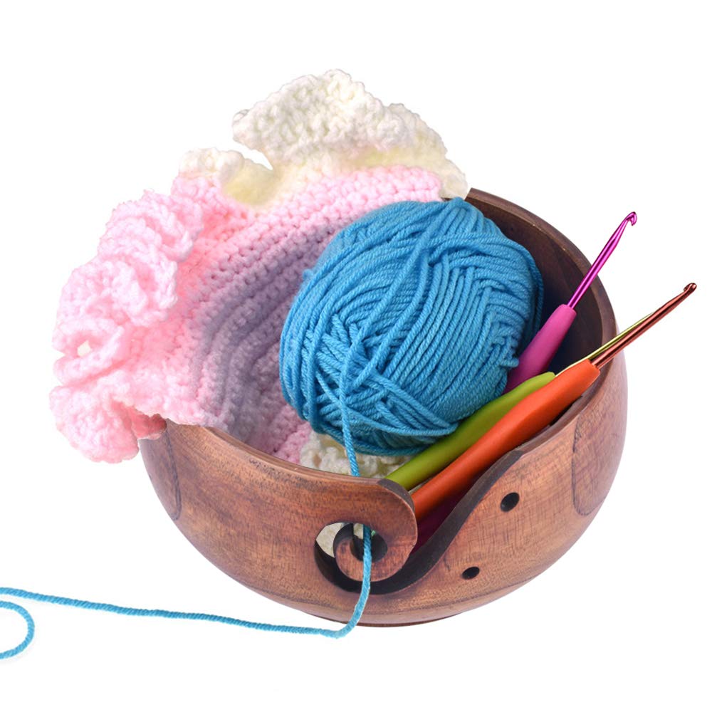 Freyamall Wooden Yarn Bowl with Holes Holder Handcrafted Knitting Yarn Needlework Crochet Storage Organizer, Perfect for Mother's Day!