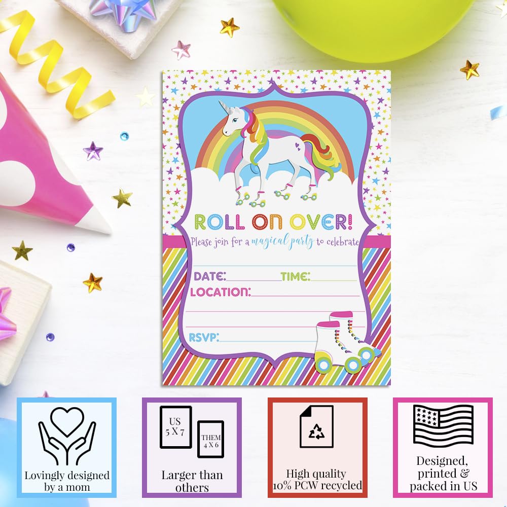 Colorful Unicorn Rainbow Roller Skating Birthday Party Invitations, 20 5x7 Fill In Cards with Twenty White Envelopes by AmandaCreation