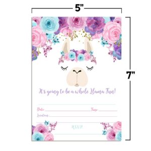 Whole Llama Fun Watercolor Floral Llama Face Birthday Party Invitations, 20 5x7 Fill In Cards with Twenty White Envelopes by AmandaCreation