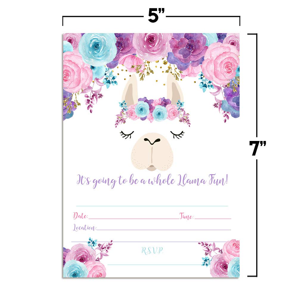 Whole Llama Fun Watercolor Floral Llama Face Birthday Party Invitations, 20 5x7 Fill In Cards with Twenty White Envelopes by AmandaCreation