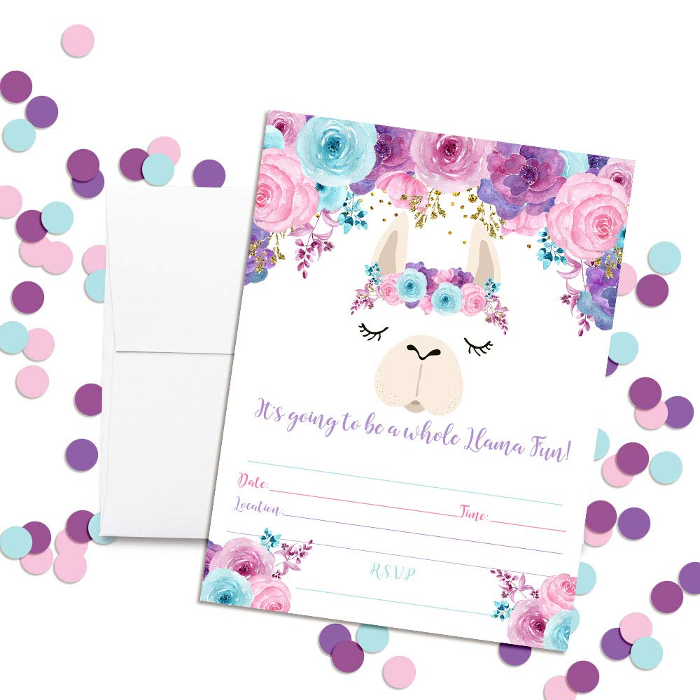 Whole Llama Fun Watercolor Floral Llama Face Birthday Party Invitations, 20 5x7 Fill In Cards with Twenty White Envelopes by AmandaCreation