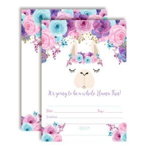 whole llama fun watercolor floral llama face birthday party invitations, 20 5x7 fill in cards with twenty white envelopes by amandacreation