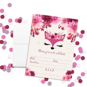 Fancy Fox Face Watercolor Floral Birthday Party Invitations, 20 5x7 Fill In Cards with Twenty White Envelopes by AmandaCreation