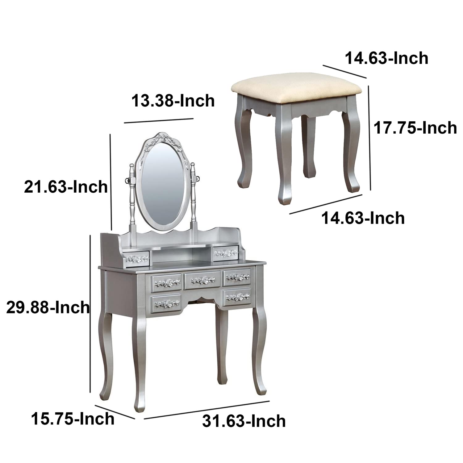 Benjara Benzara Beauty Queen Vanity Table and Stool Set, Silver,