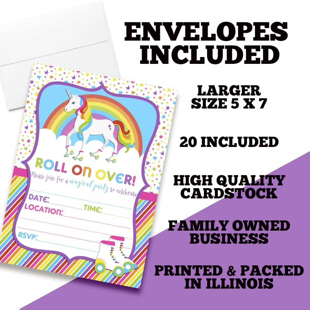 Colorful Unicorn Rainbow Roller Skating Birthday Party Invitations, 20 5x7 Fill In Cards with Twenty White Envelopes by AmandaCreation