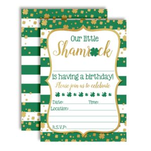 our little shamrock st. patrick’s day birthday party invitations, 20 5x7 fill in cards with twenty white envelopes by amandacreation