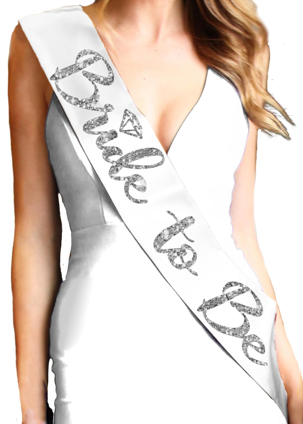 Bride To Be Sash White - Premium BRIDAL GRADE SATIN Silver Sparkle Diamond Bride To Be BRIDAL GRADE Satin Sash - White Sash(SlvDiaB2B)