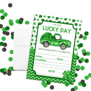 Lucky Day Truck with Clover Birthday St. Patrick’s Day Party Invitations, 20 5x7 Fill In Cards with Twenty White Envelopes by AmandaCreation