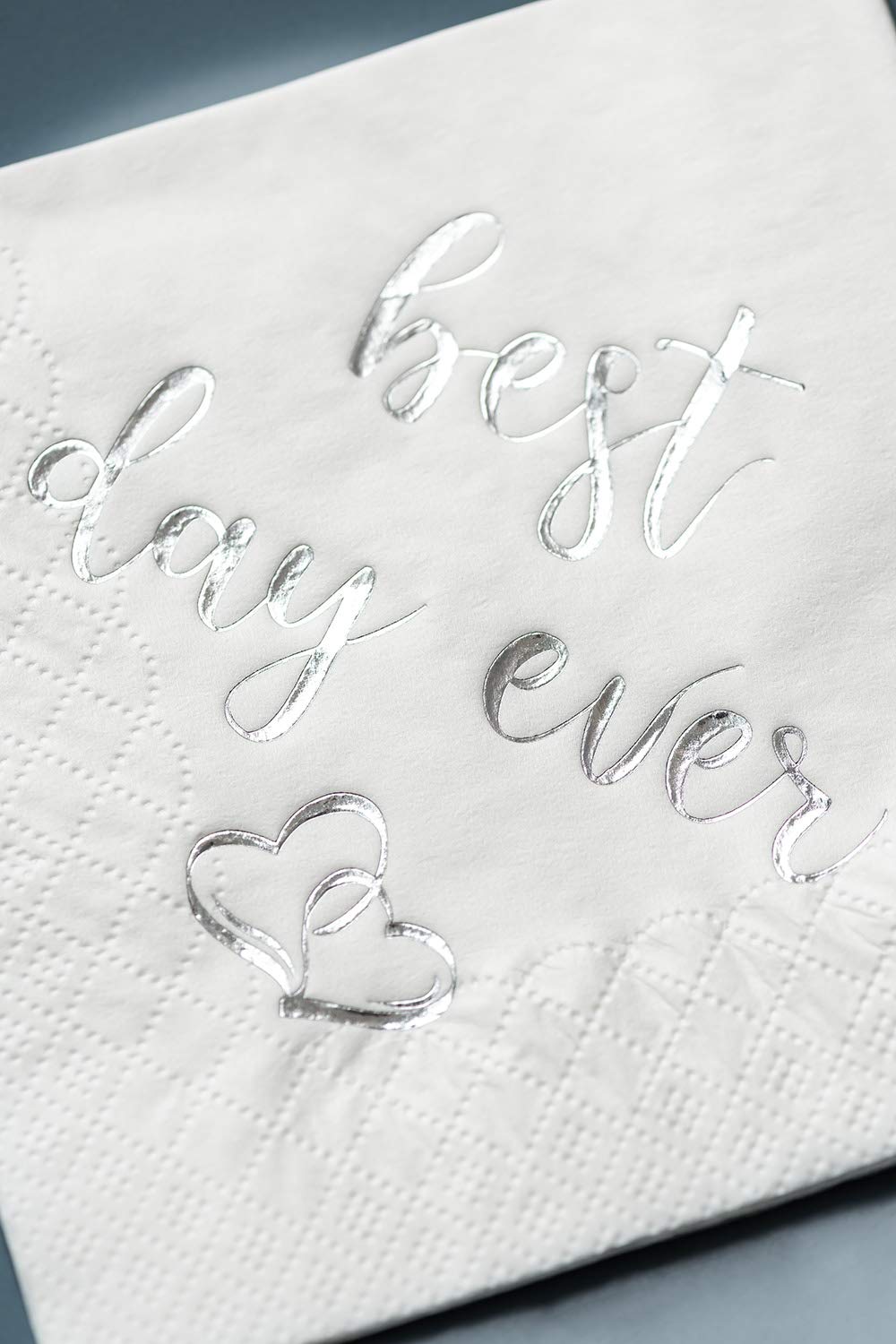 Crisky Best Day Ever Napkins Silver for Wedding Bridal Shower and Engagement Party Decorations,Cocktail Dessert Beverage Napkins 100 Pack, 3-ply