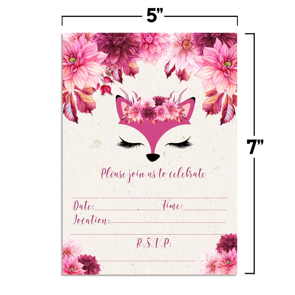 Fancy Fox Face Watercolor Floral Birthday Party Invitations, 20 5x7 Fill In Cards with Twenty White Envelopes by AmandaCreation