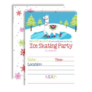 colorful llama ice skating birthday party invitations, 20 5x7 fill in cards with twenty white envelopes by amandacreation