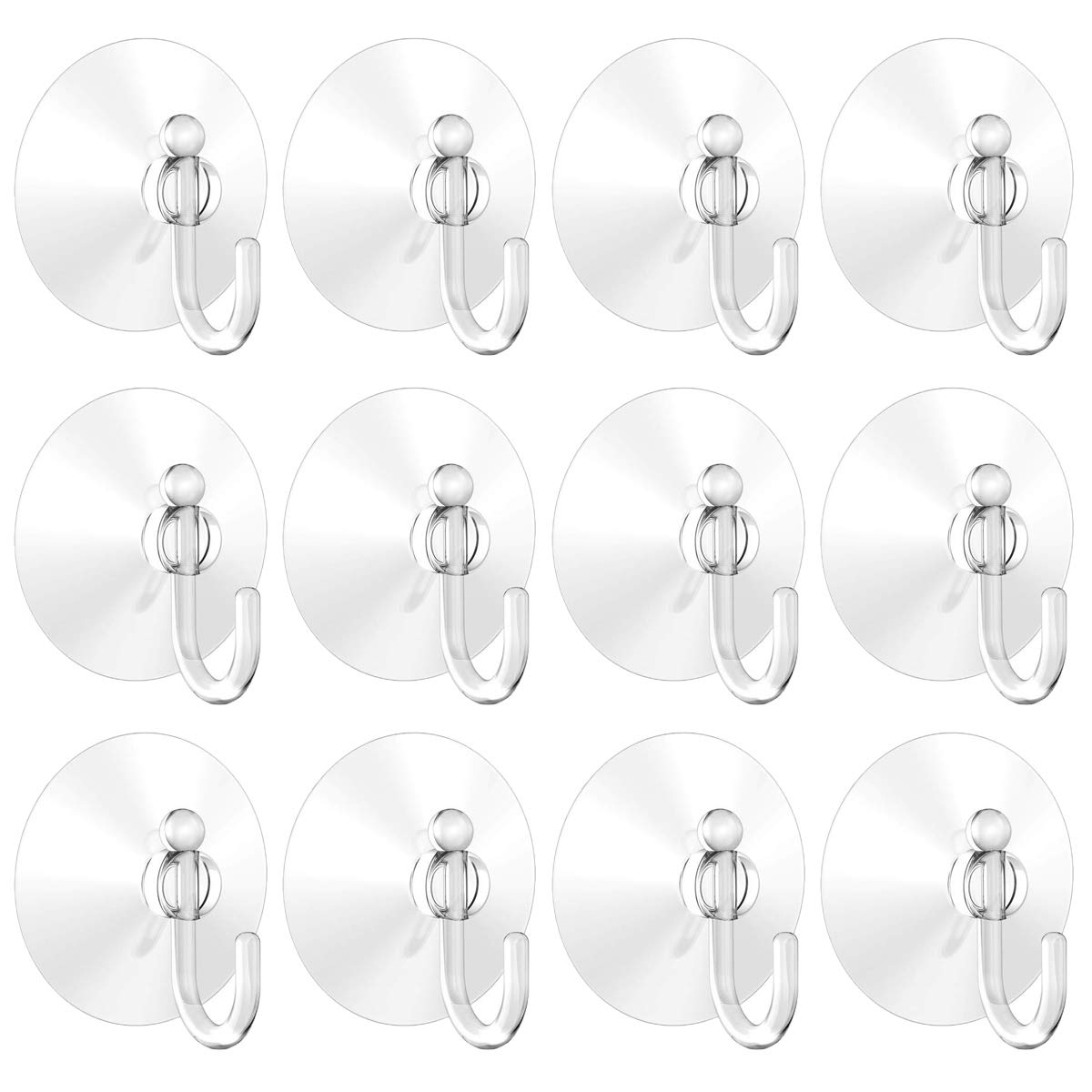 Suction Cup Hooks, 2.36Inches Strong Clear Cup Plastic Hooks, Heavy Duty Home Kitchen Bathroom Wall Window Hook Hangers(12Pack)