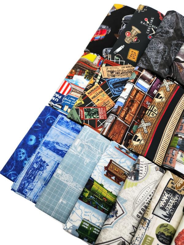 10 Fat Quarters Assorted Trains Locomotive Engine Railway Railroads Tracks Trains Signs Express Engineer Transportation Fat Quarter Bundle M491.04