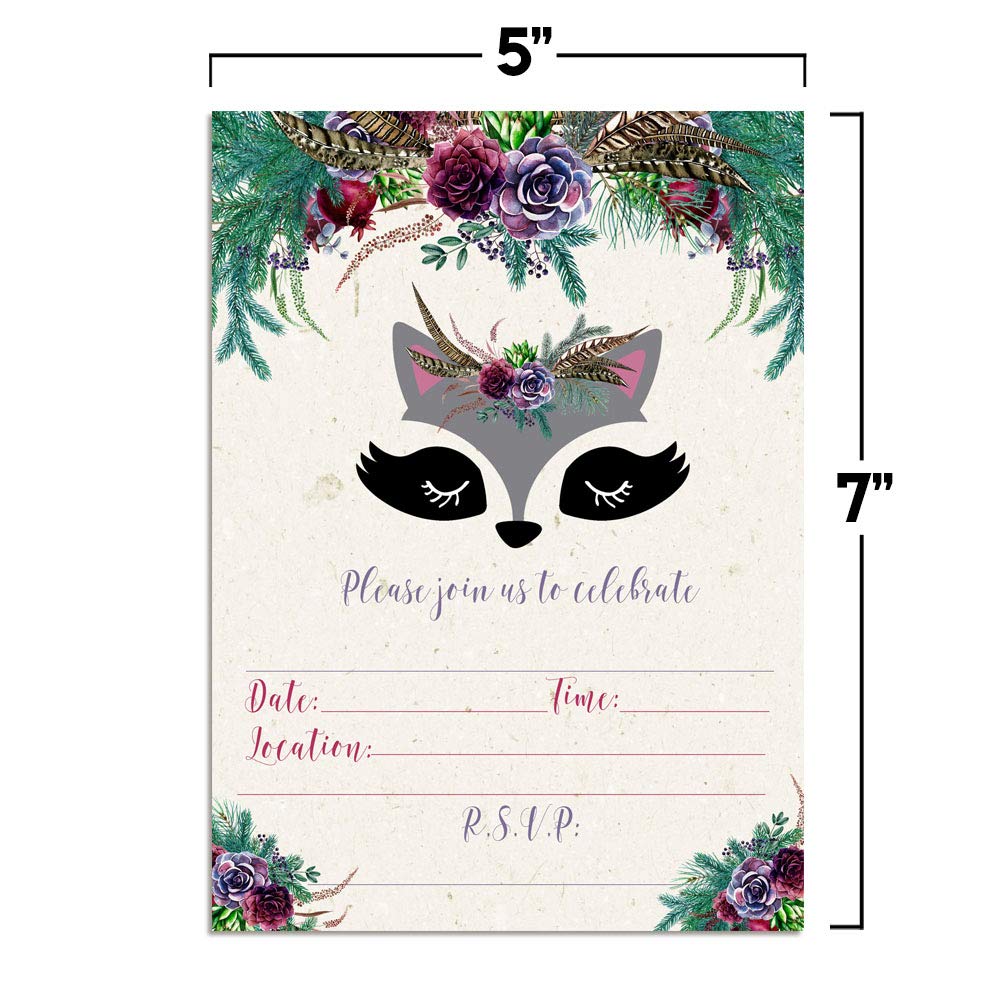 Magical Woodland Forest Raccoon Face Floral With Greenery Birthday Party Invitations, 20 5x7 Fill In Cards with Twenty White Envelopes by AmandaCreation