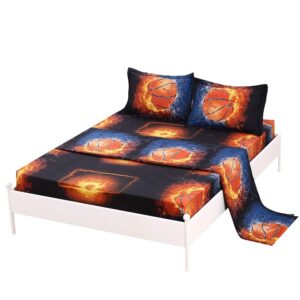 sdiii 4pcs fiery basketball sheet set twin, basketball with special effects sheet set, super soft microfiber, wrinkle and fade resistant, for boys men and basketball sports lovers, twin