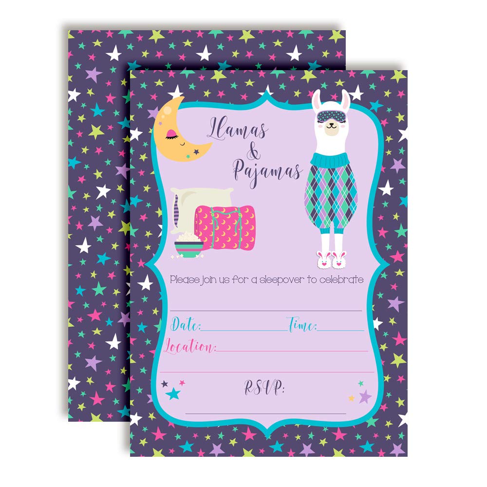 Llamas and Pajamas Slumber Party Sleepover Birthday Party Invitations, 20 5x7 Fill In Cards with Twenty White Envelopes by AmandaCreation