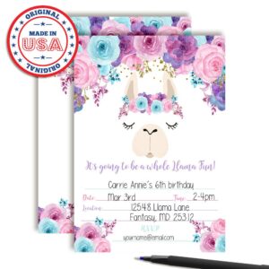 Whole Llama Fun Watercolor Floral Llama Face Birthday Party Invitations, 20 5x7 Fill In Cards with Twenty White Envelopes by AmandaCreation