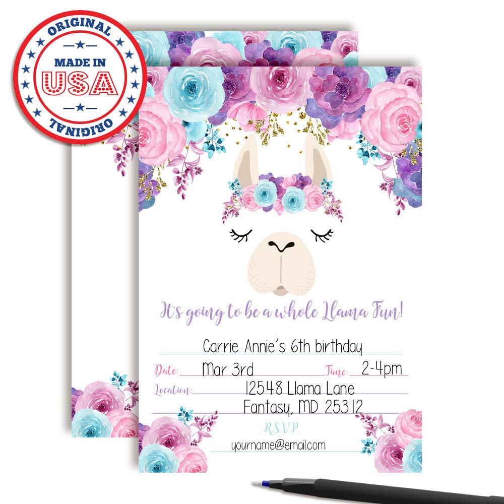 Whole Llama Fun Watercolor Floral Llama Face Birthday Party Invitations, 20 5x7 Fill In Cards with Twenty White Envelopes by AmandaCreation