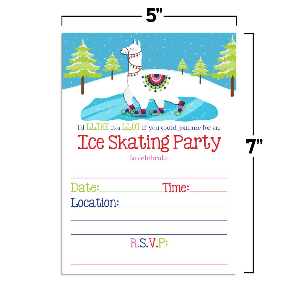 Colorful Llama Ice Skating Birthday Party Invitations, 20 5x7 Fill In Cards with Twenty White Envelopes by AmandaCreation