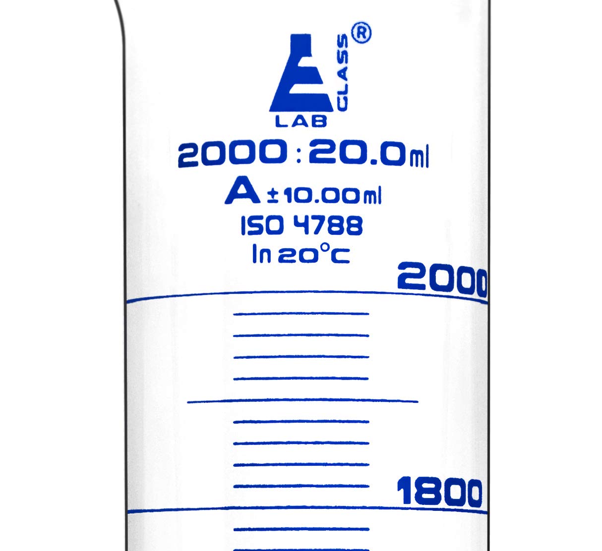 EISCO Graduated Cylinder, 2000ml - Class A Tolerance ±10.0ml - Round Base - Blue Graduations - Borosilicate 3.3 Glass