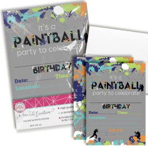 paintball themed birthday party invitations, 20 5x7 fill in cards with twenty white envelopes by amandacreation