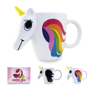 kinrex unicorn mug – cute magic rainbow color changing unicorn ceramic coffee & tea cup with horn, ceramics cups that changes colors for boys, girls & adults, white 14 oz.