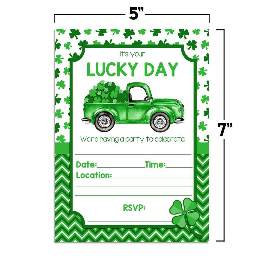 Lucky Day Truck with Clover Birthday St. Patrick’s Day Party Invitations, 20 5x7 Fill In Cards with Twenty White Envelopes by AmandaCreation