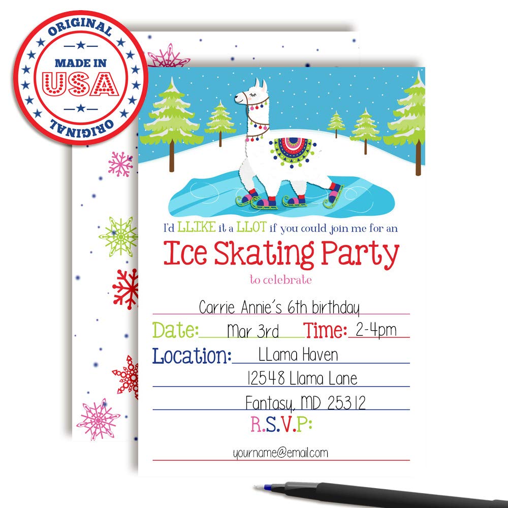 Colorful Llama Ice Skating Birthday Party Invitations, 20 5x7 Fill In Cards with Twenty White Envelopes by AmandaCreation