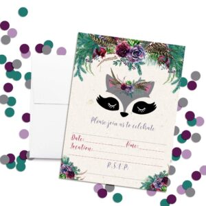 Magical Woodland Forest Raccoon Face Floral With Greenery Birthday Party Invitations, 20 5x7 Fill In Cards with Twenty White Envelopes by AmandaCreation