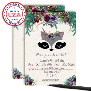 Magical Woodland Forest Raccoon Face Floral With Greenery Birthday Party Invitations, 20 5x7 Fill In Cards with Twenty White Envelopes by AmandaCreation