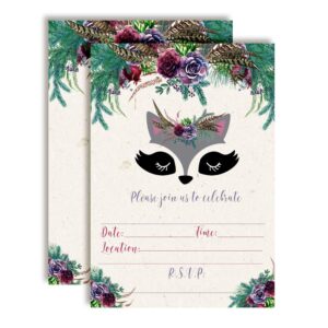 magical woodland forest raccoon face floral with greenery birthday party invitations, 20 5x7 fill in cards with twenty white envelopes by amandacreation