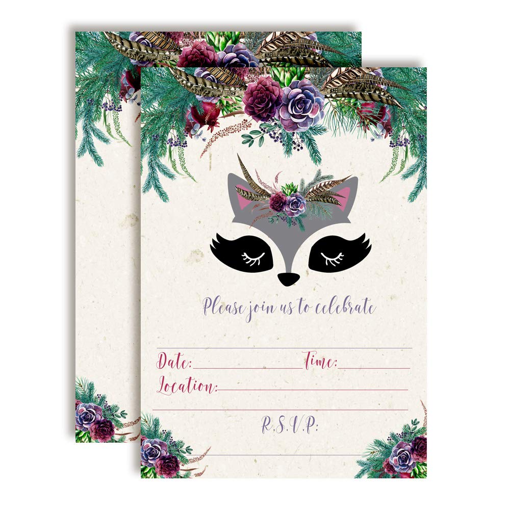 Magical Woodland Forest Raccoon Face Floral With Greenery Birthday Party Invitations, 20 5x7 Fill In Cards with Twenty White Envelopes by AmandaCreation