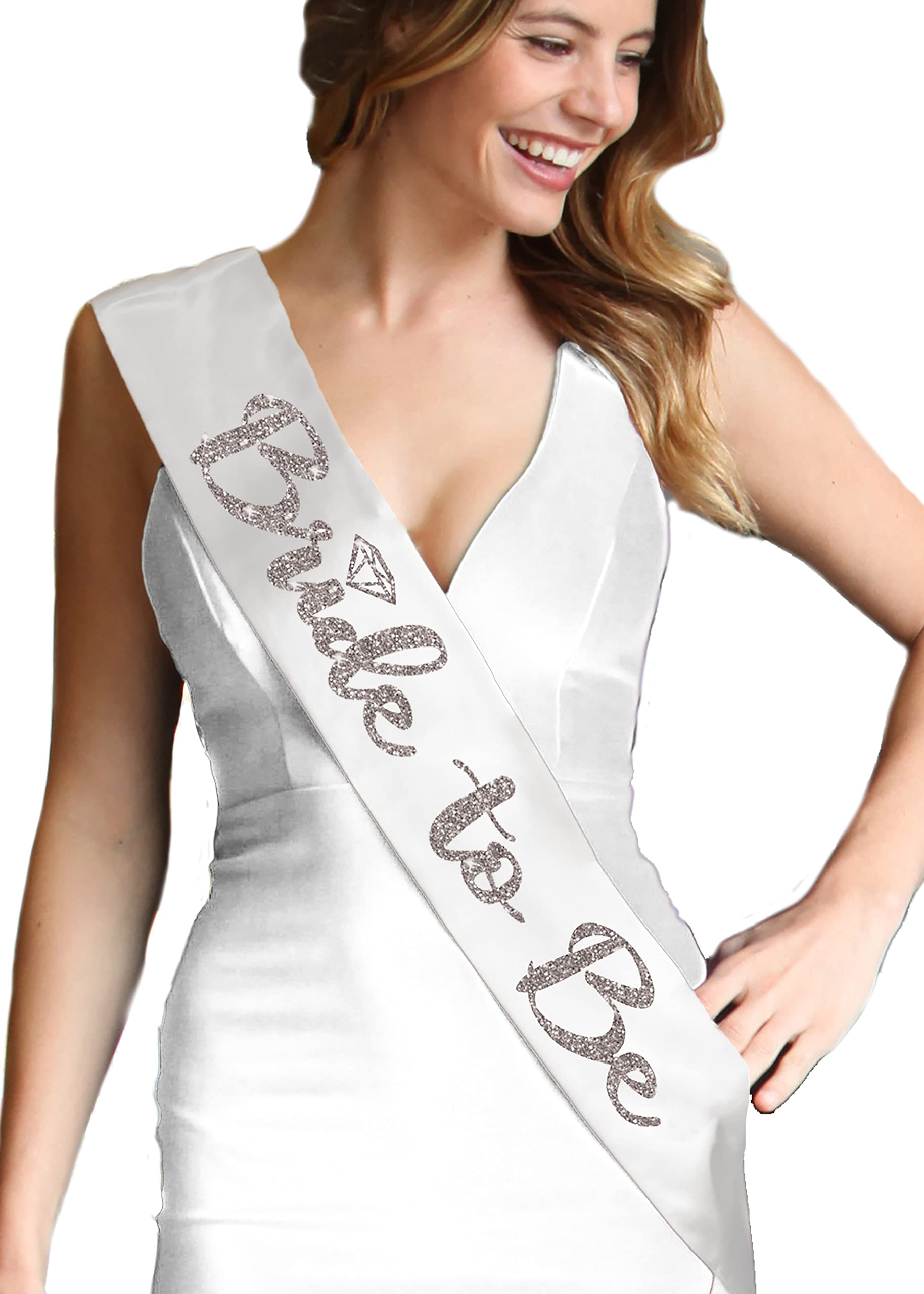 Bride To Be Sash White - Premium BRIDAL GRADE SATIN Silver Sparkle Diamond Bride To Be BRIDAL GRADE Satin Sash - White Sash(SlvDiaB2B)