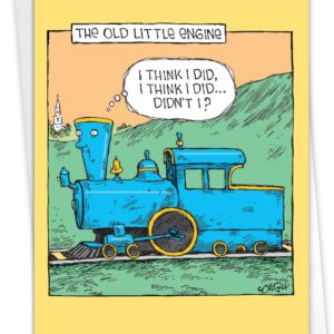 NobleWorks - 1 Humor Birthday Card with Envelope - Funny Cartoons for Birthday Greetings, Celebration Notecard - Old Little Engine C6955BDG