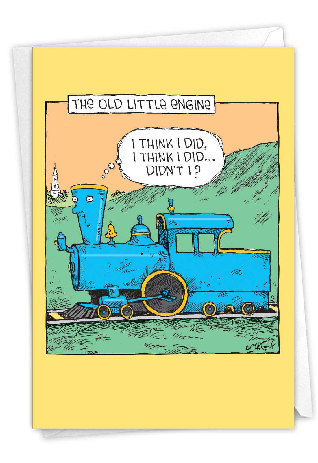 NobleWorks - 1 Humor Birthday Card with Envelope - Funny Cartoons for Birthday Greetings, Celebration Notecard - Old Little Engine C6955BDG