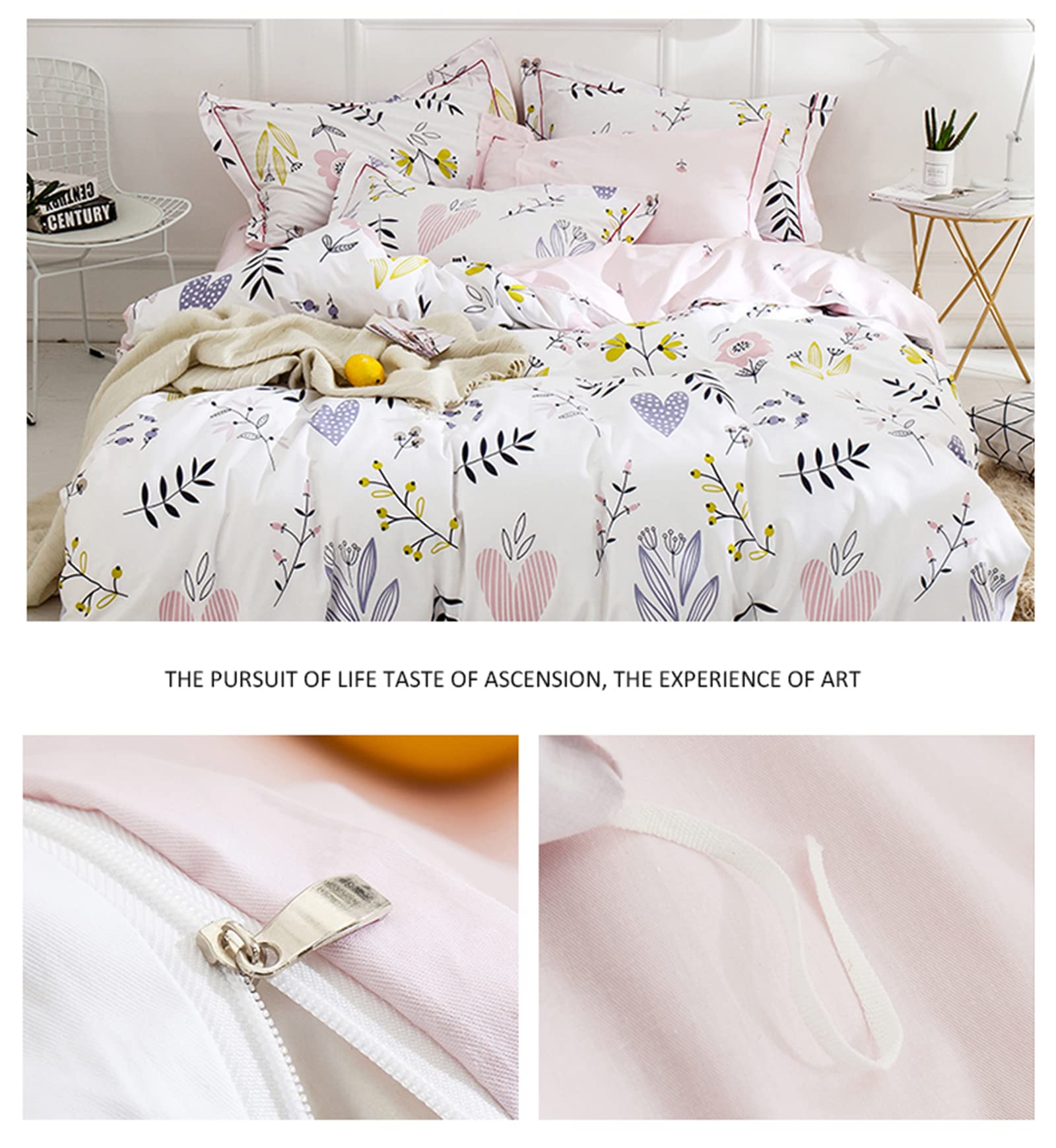 HighBuy Girls Duvet Cover Twin Floral Aesthetic Bedding Set White Pink Premium Cotton Teens Flower Kids Coquette Bedding Comforter Cover Soft Branches Bedding Collection Pink