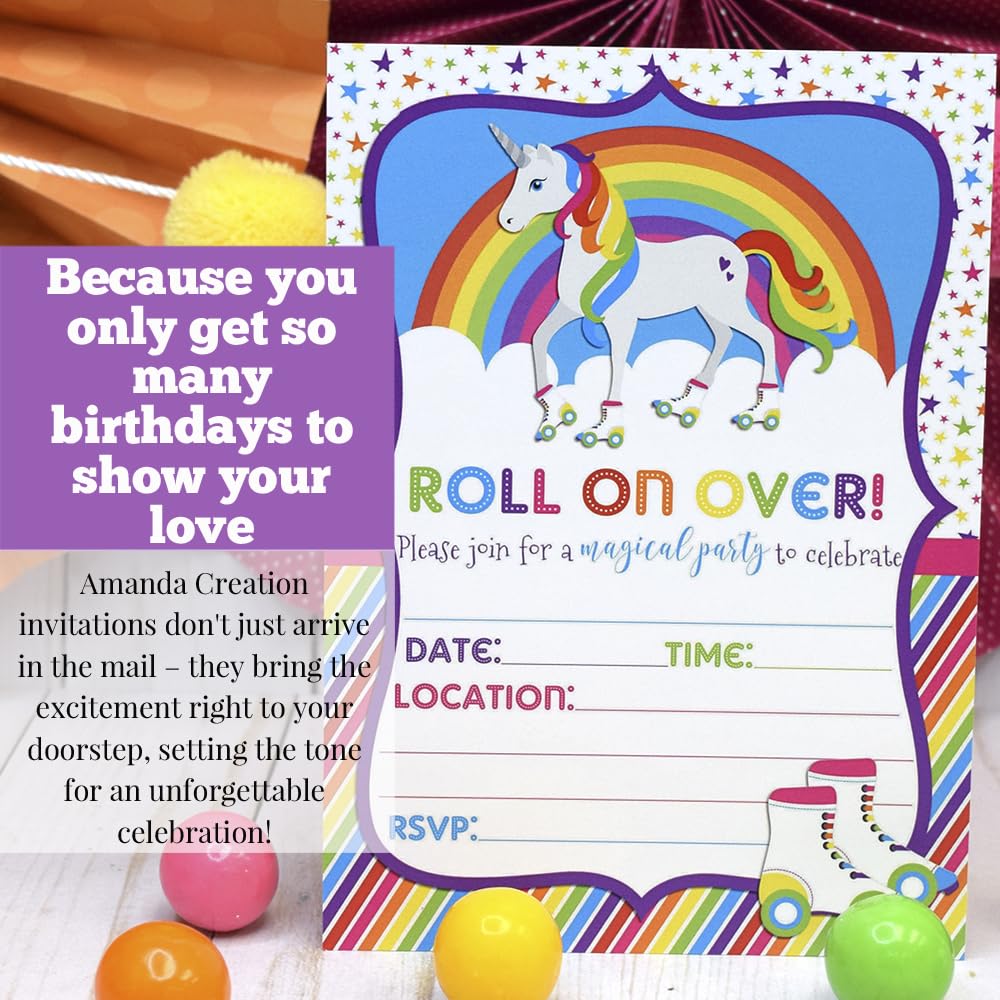 Colorful Unicorn Rainbow Roller Skating Birthday Party Invitations, 20 5x7 Fill In Cards with Twenty White Envelopes by AmandaCreation