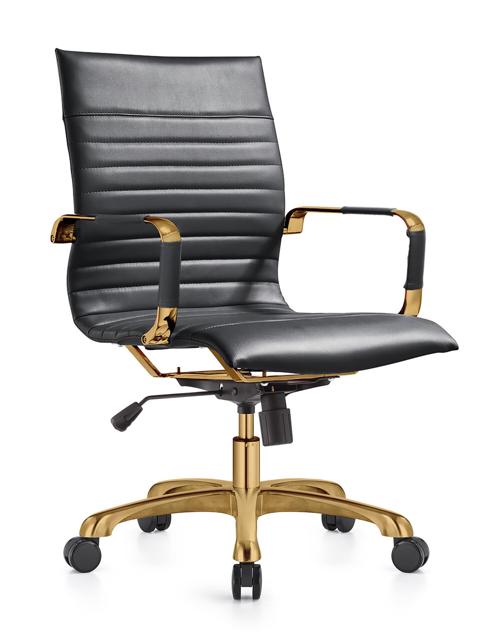 LeisureMod Harris Modern Adjustable Executive Swivel Leatherette Task Gold Office Chair (Black)