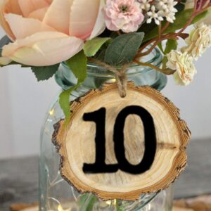 FRECI 10pcs 1-10 Wedding Table Numbers Wooden Table Numbers Hanging Wood Slice Wedding Table Centerpieces for Arts Crafts Wall Decor Wedding DIY Projects