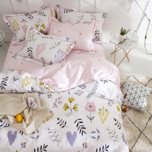 HighBuy Girls Duvet Cover Twin Floral Aesthetic Bedding Set White Pink Premium Cotton Teens Flower Kids Coquette Bedding Comforter Cover Soft Branches Bedding Collection Pink