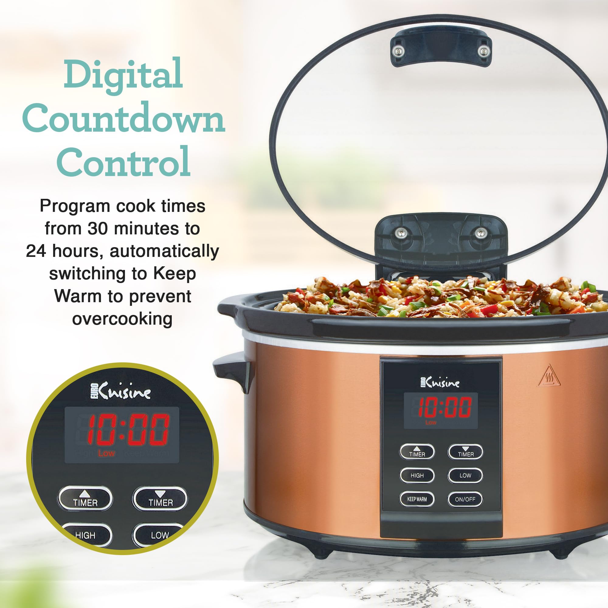 Euro Cuisine SCX6 Programmable Slow Cooker 6 Quart - Best Digital Slow Cooker for Large Family Meals, Smart Slow Cooker with Timer, Ideal for All Types of Recipes